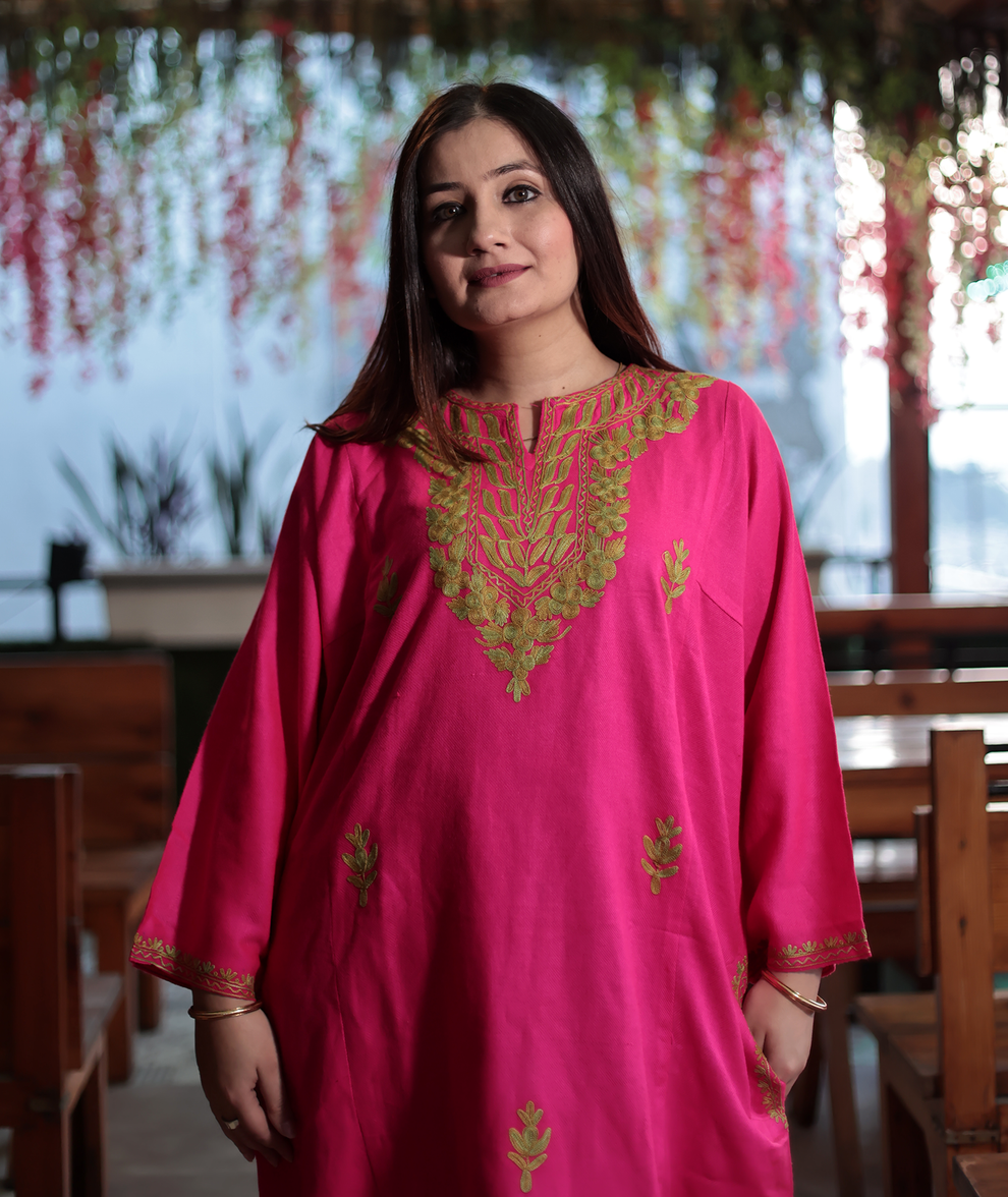 Rani Pink Aari Embroidered Pheran – Kashmir origin