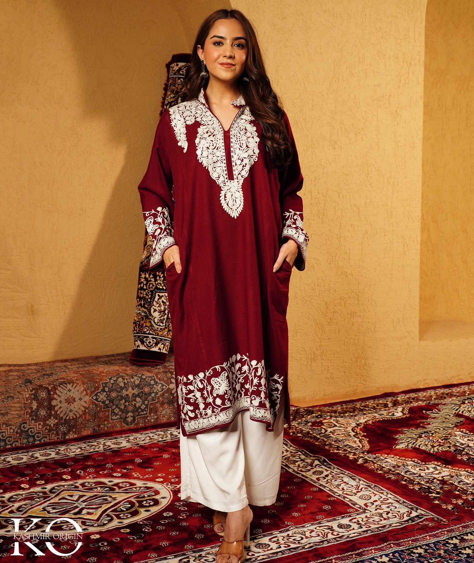 Maroon Aari Embroidered Mandarin collared neck Design Woolen Kashmiri ...