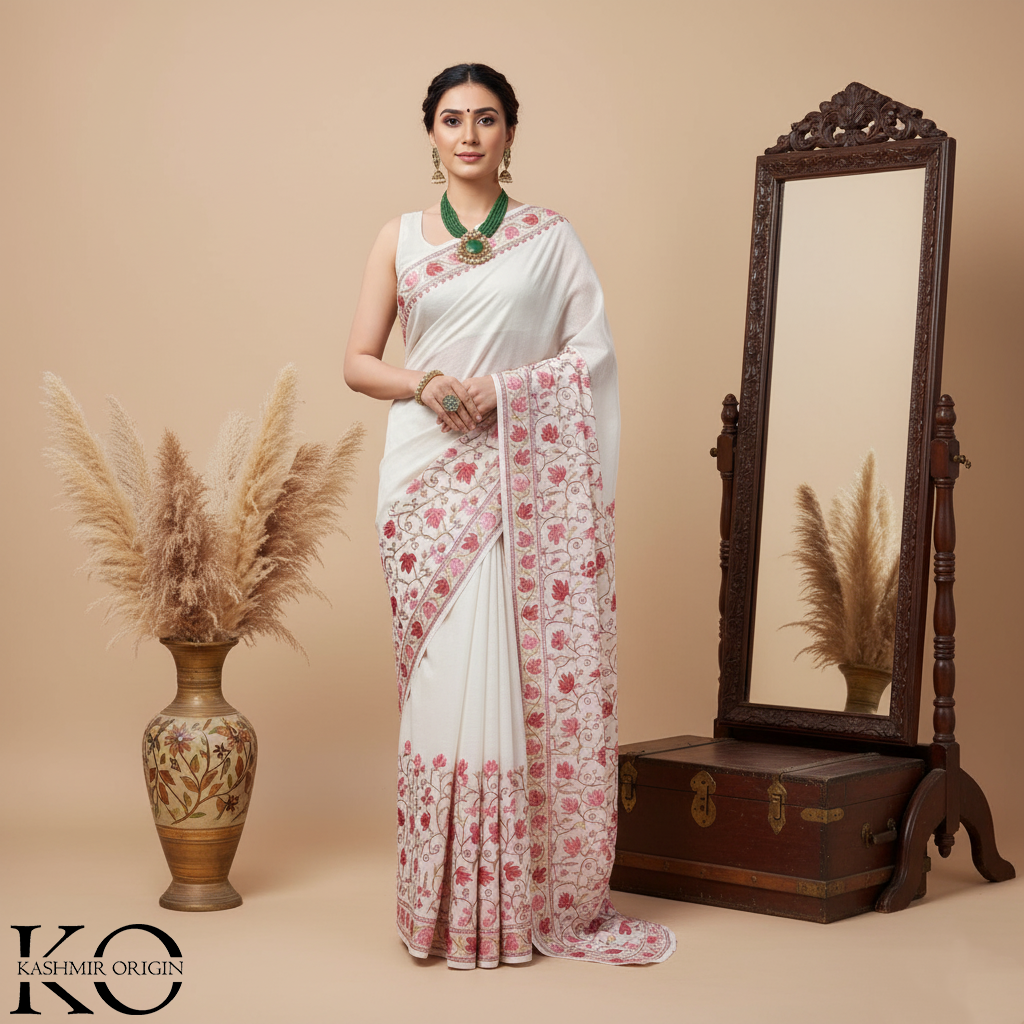 White Silk Saree | Aari Embroidered Chinar Motif Saree – Kashmir origin
