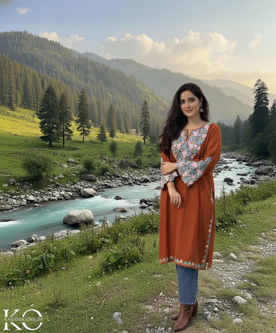 Rust Chinar Neck & Arm Design Aari Embroidered Pheran – Kashmir origin