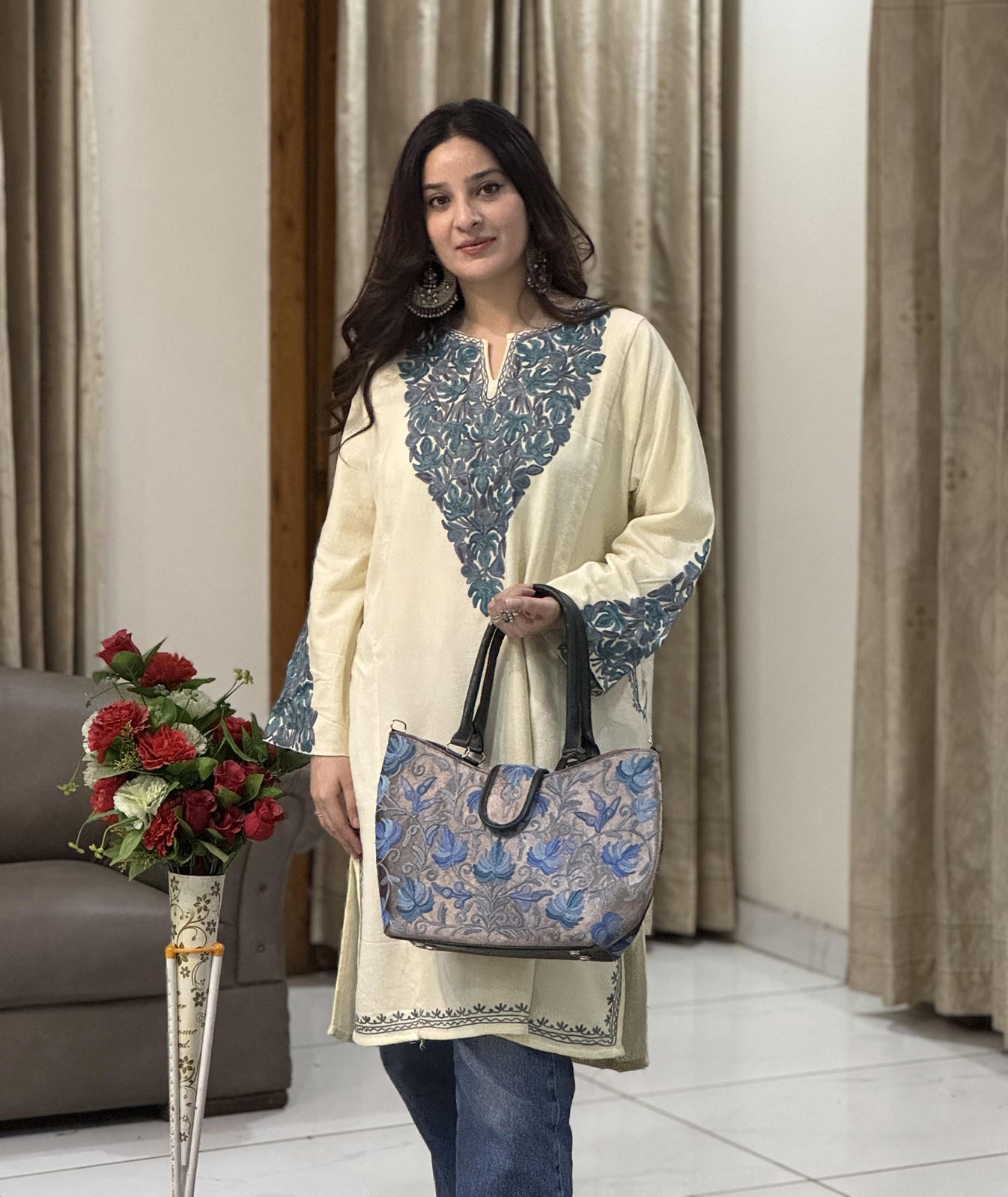 Creme Chinar Neck & Arm Design Aari Embroidered Pheran – Kashmir origin