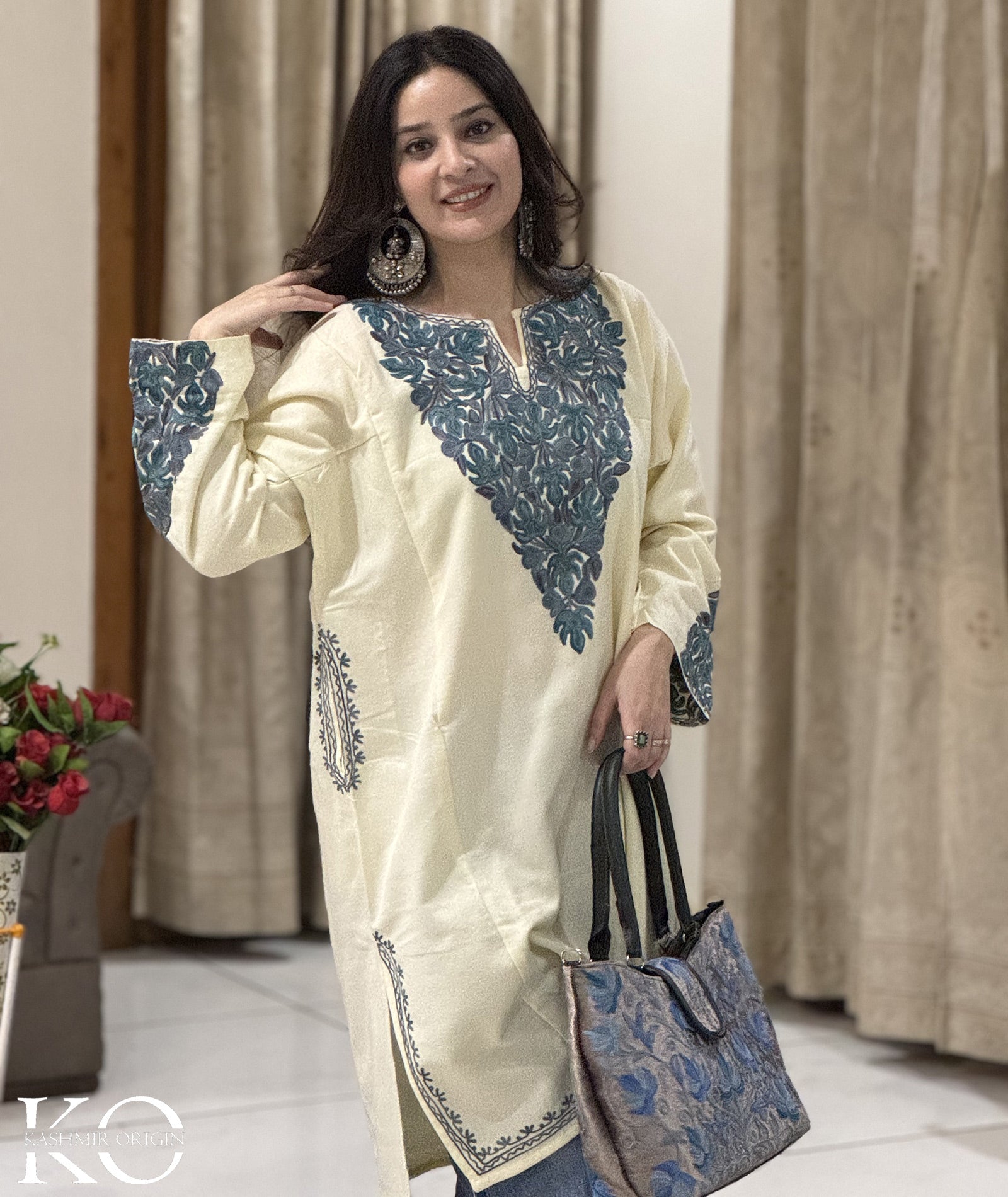 Creme Chinar Neck & Arm Design Aari Embroidered Pheran – Kashmir origin