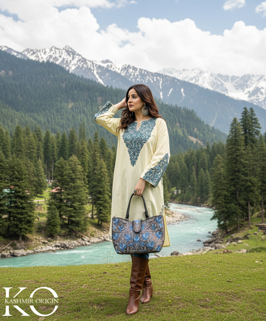 Creme Chinar Neck & Arm Design Aari Embroidered Pheran – Kashmir origin